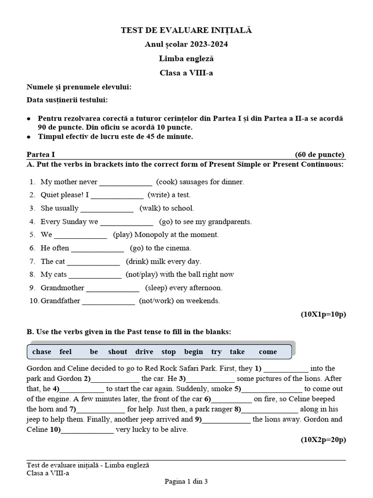 Evaluare Initiala - LB Engleza - CL A VIII-a - Test | PDF | Linguistics ...