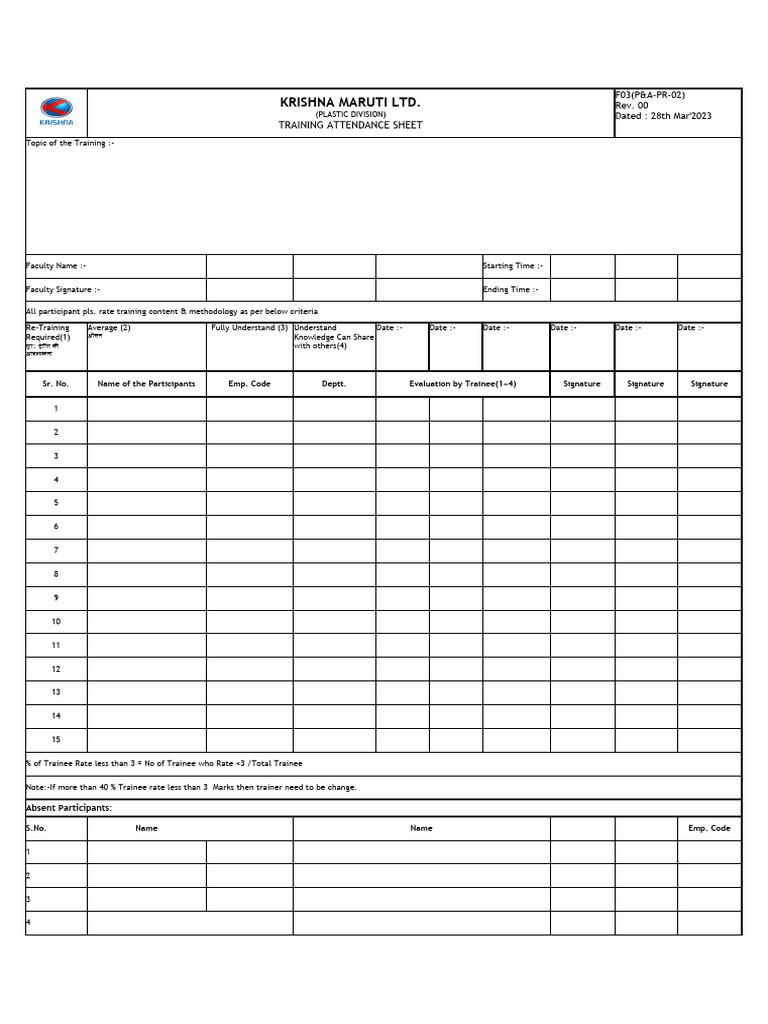 F03 (P&A-PR-02) Training Attendance Sheet Updated | PDF