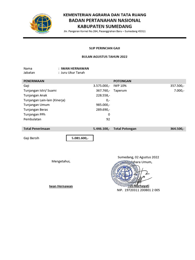 Slip Gaji Atr BPN | PDF