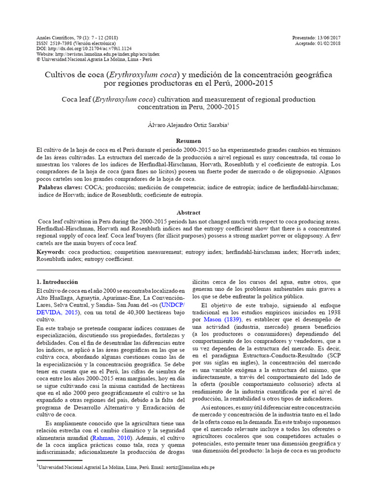 Cultivos de coca (Erythroxylum coca) y medición de la concentración geográfica por regiones ...