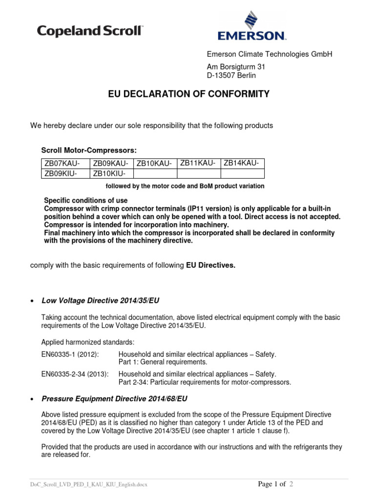 Eu Declaration of Conformity According To LVD Ped Rohs For Scroll Ped ...
