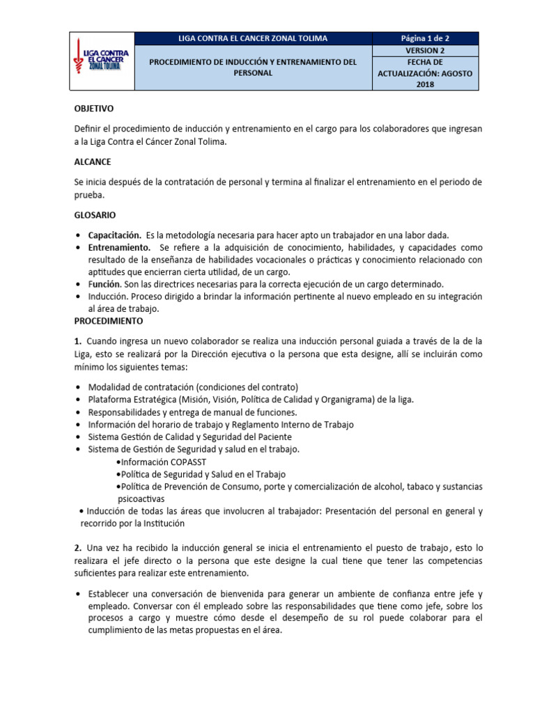 2018-Procedimiento de Inducción y Entrenamiento Del Personal | PDF