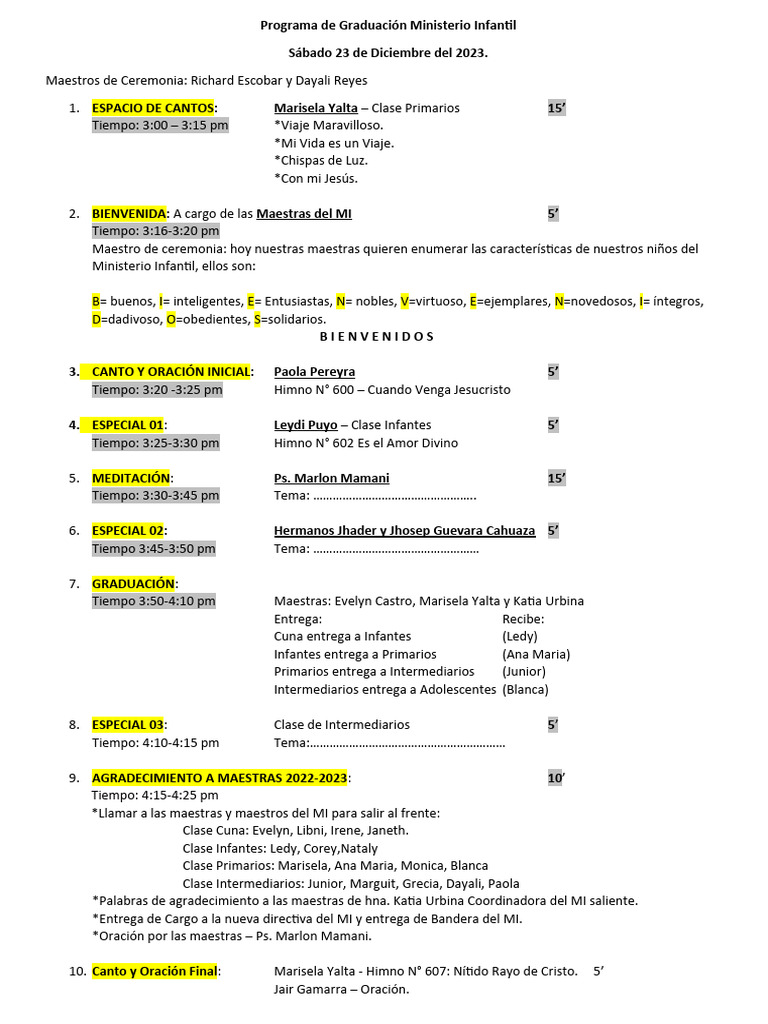 Programa Graduación Ministerio Infantil 2023 | PDF