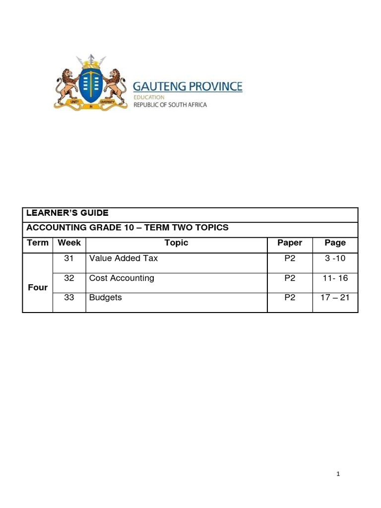 Grade 10 Accounting: VAT & Cost Accounting | PDF | Value Added Tax | Budget