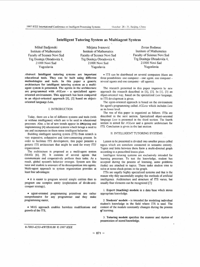 1997 ICIPS Intelligent Tutoring System As Multi Agent System | PDF | Object (Computer Science ...