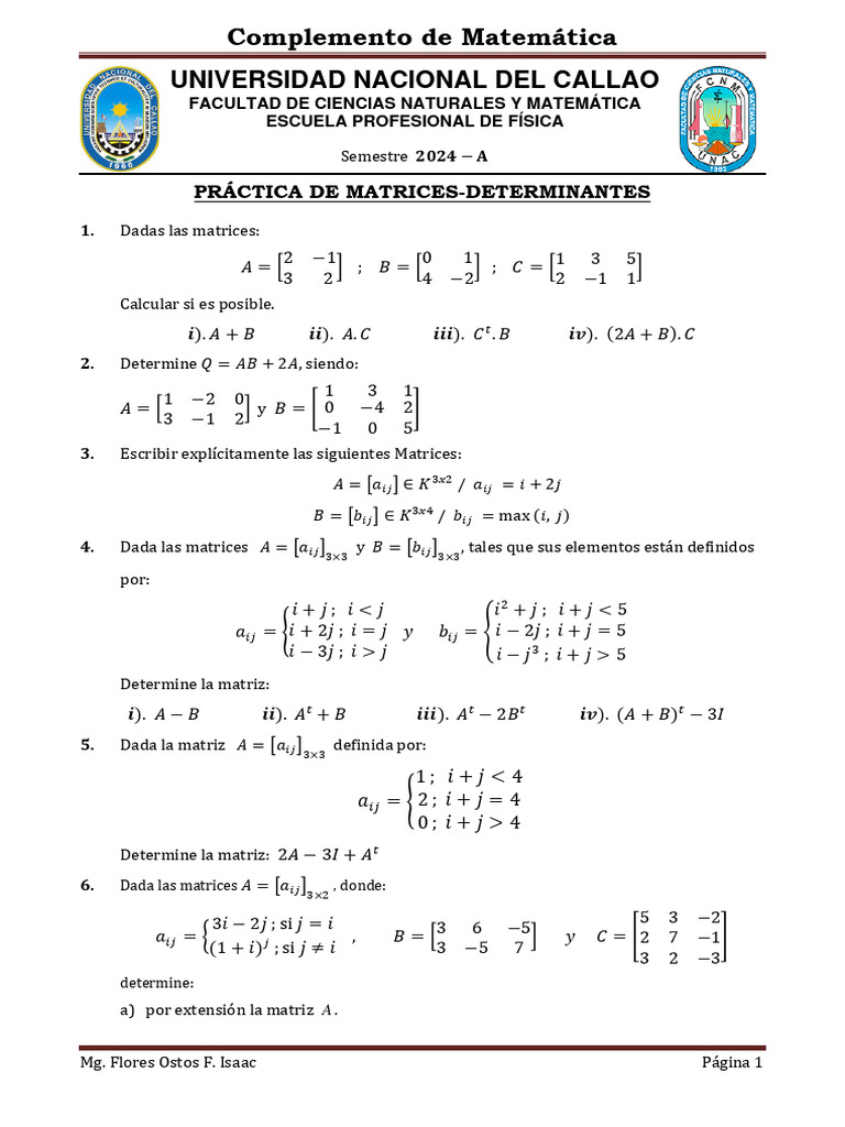 PRAC DIRIG - Matrices-Determinantes - 2024 - A | PDF | Matriz ...