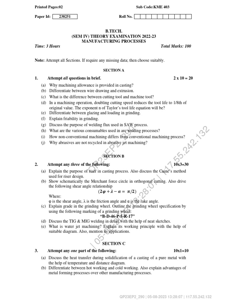 Btech Me 4 Sem Manufacturing Processes Kme 403 2023 | PDF | Grinding ...