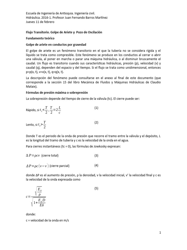 Guía para Práctica de Flujo Transitorio Pozo de Oscilación | PDF ...