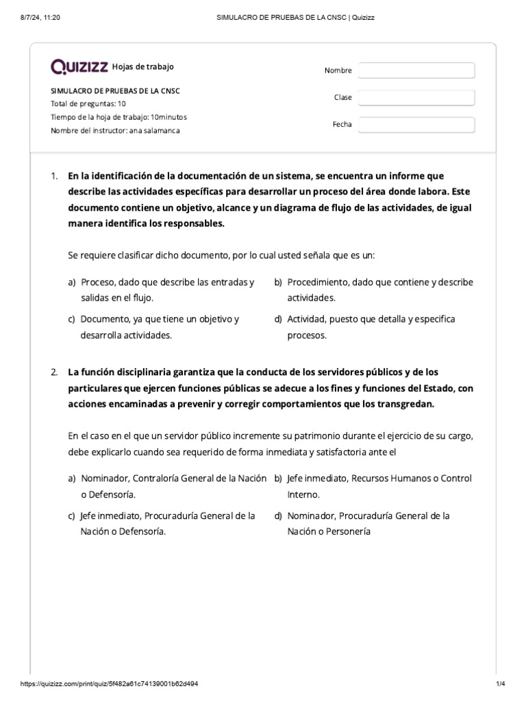 SIMULACRO DE PRUEBAS DE LA CNSC - Quizizz | PDF