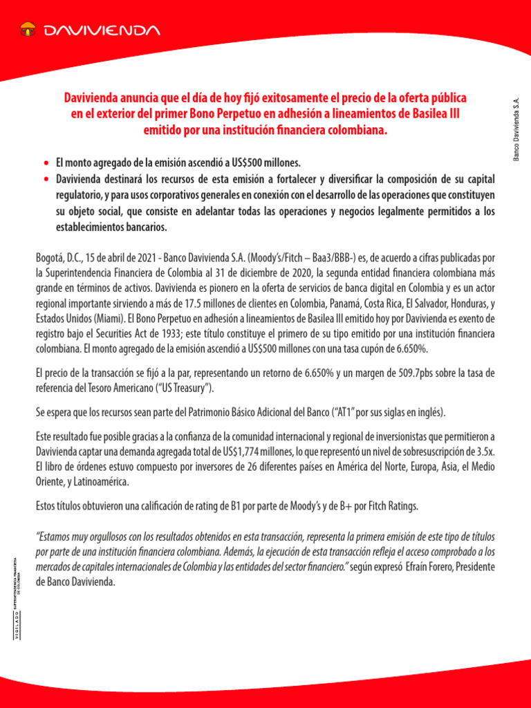 Davivienda emite Bono Perpetuo de $500M | PDF | Bancos | Colombia