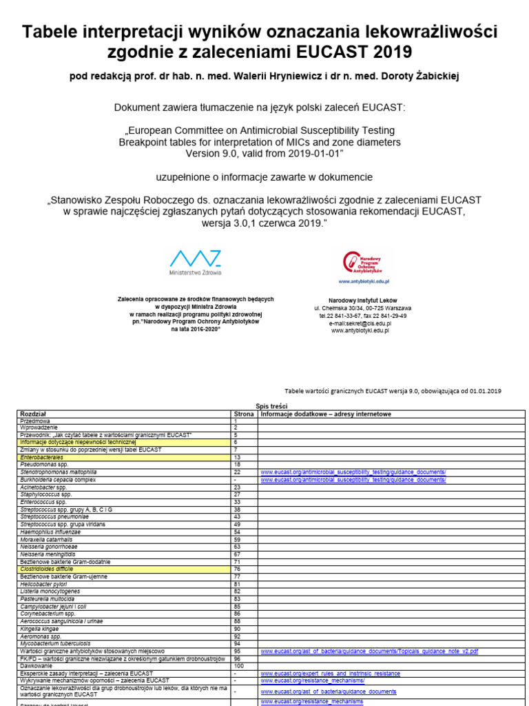 Tabele Wartosci Granicznych EUCAST Wersja 9 - 02019 | PDF