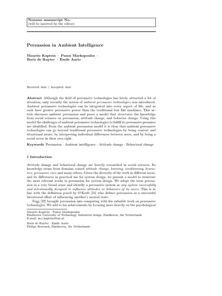 Persuasion in Ambient Intelligence | PDF | Attitude (Psychology) | Reinforcement