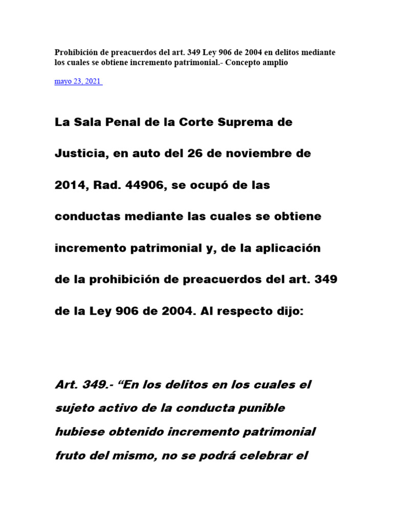 Prohibición de preacuerdos del art. 349 Ley 906 de 2004 en delitos mediante los cuales se ...