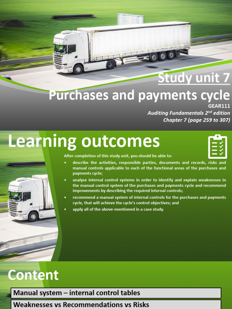 Study Unit 7 Purchases and Payments Cycle: Auditing Fundamentals 2 Edition Chapter 7 (Page 259 ...