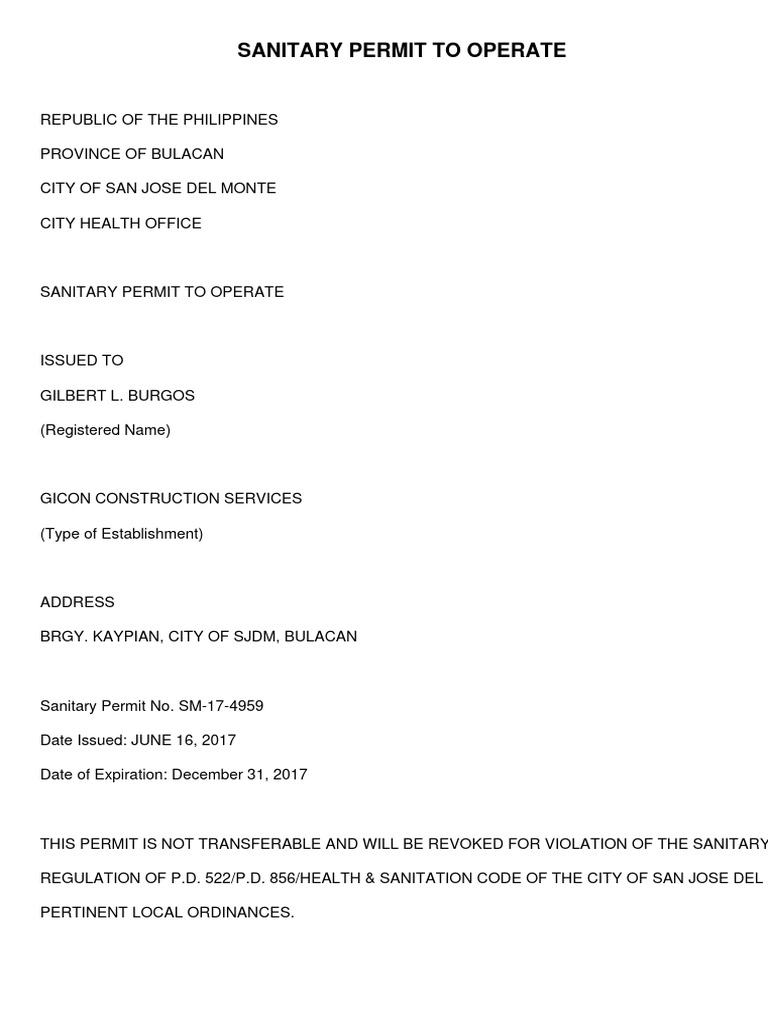 Sanitary Permit for Gicon Construction | PDF | Law
