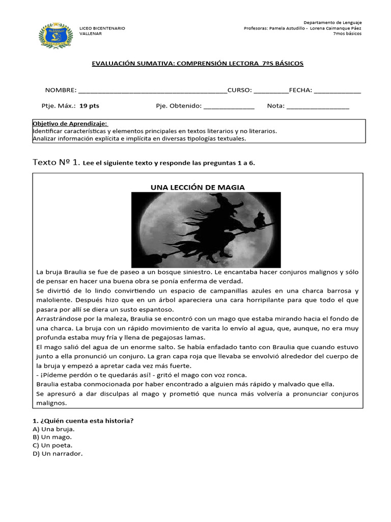 Eval Comprensión Lectora 7mos | PDF