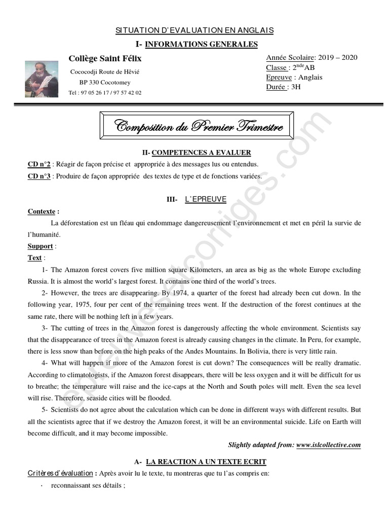 Composition Du 1er Trimestre Anglais 2nde Ab 2019-2020 CS Saint Felix | PDF | Amazon Rainforest ...