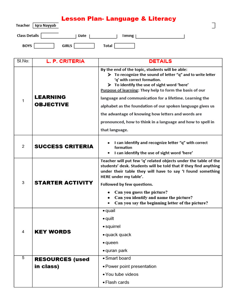lettter q lesson plan | PDF | Learning | Cognition