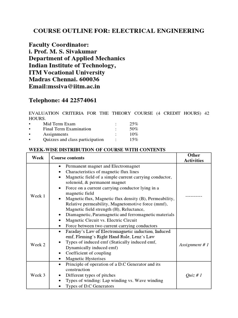 Course Outline For Electrical Eng | PDF | Electric Motor | Transformer Course Outline For Electrical Eng | PDF | Electric Motor | Transformer