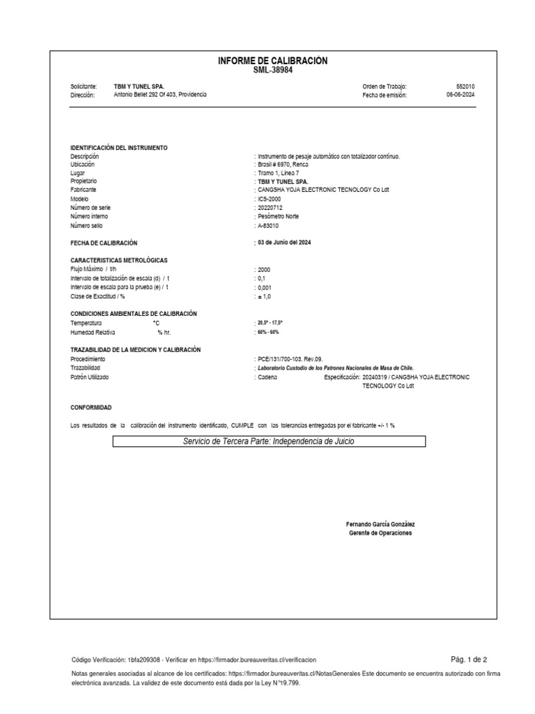 Informe de Calibracion de Pesometro Norte Cinta SML-38984 | PDF | Calibración | Metrología