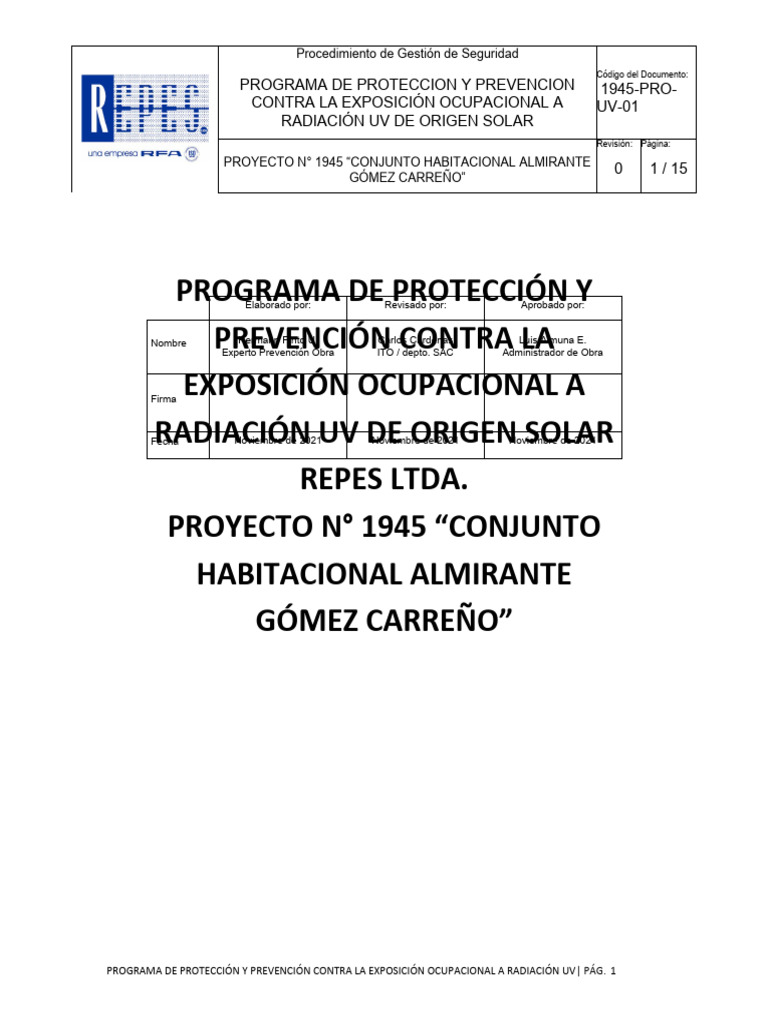 PROGRAMA DE PROTECCIÓN Y PREVENCIÓN RADIACIÓN UV DE ORIGEN SOLAR, REPES 2021, Obra N°1945 | PDF ...