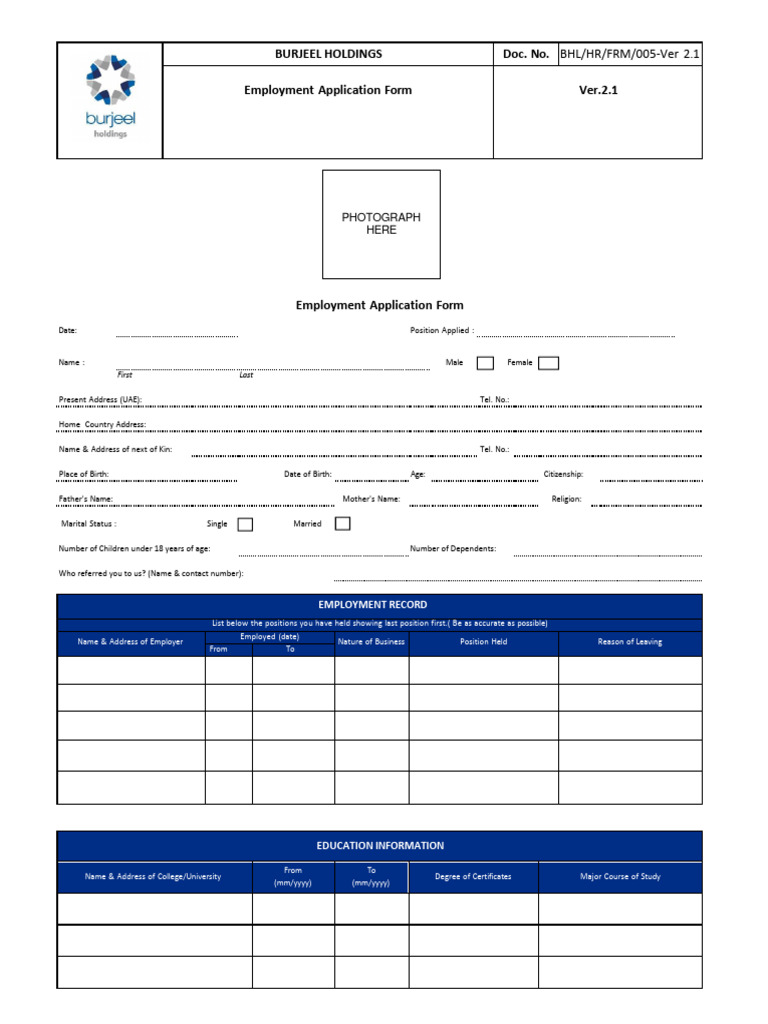 Burjeel Holdings Job Application Form | PDF | Travel Visa | Passport