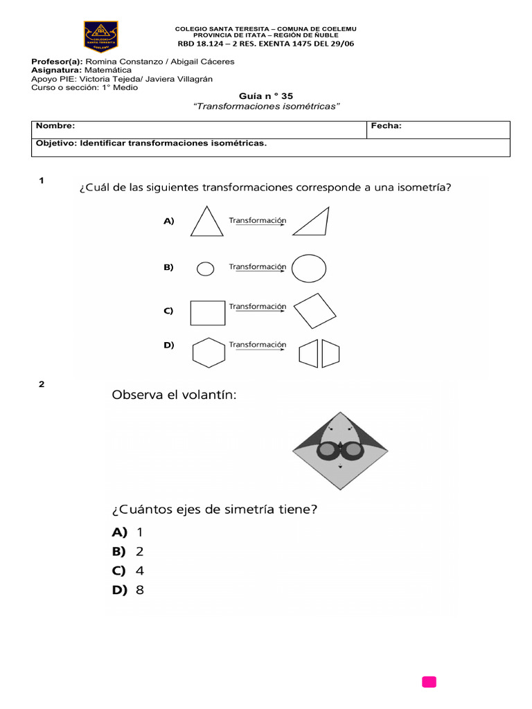 Guía 35: Transformaciones Isométricas en Matemáticas | PDF