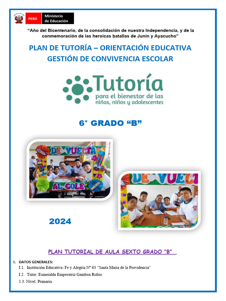 Plan de Tutoria 2024 - Sexto B | PDF | Autoestima | Salón de clases
