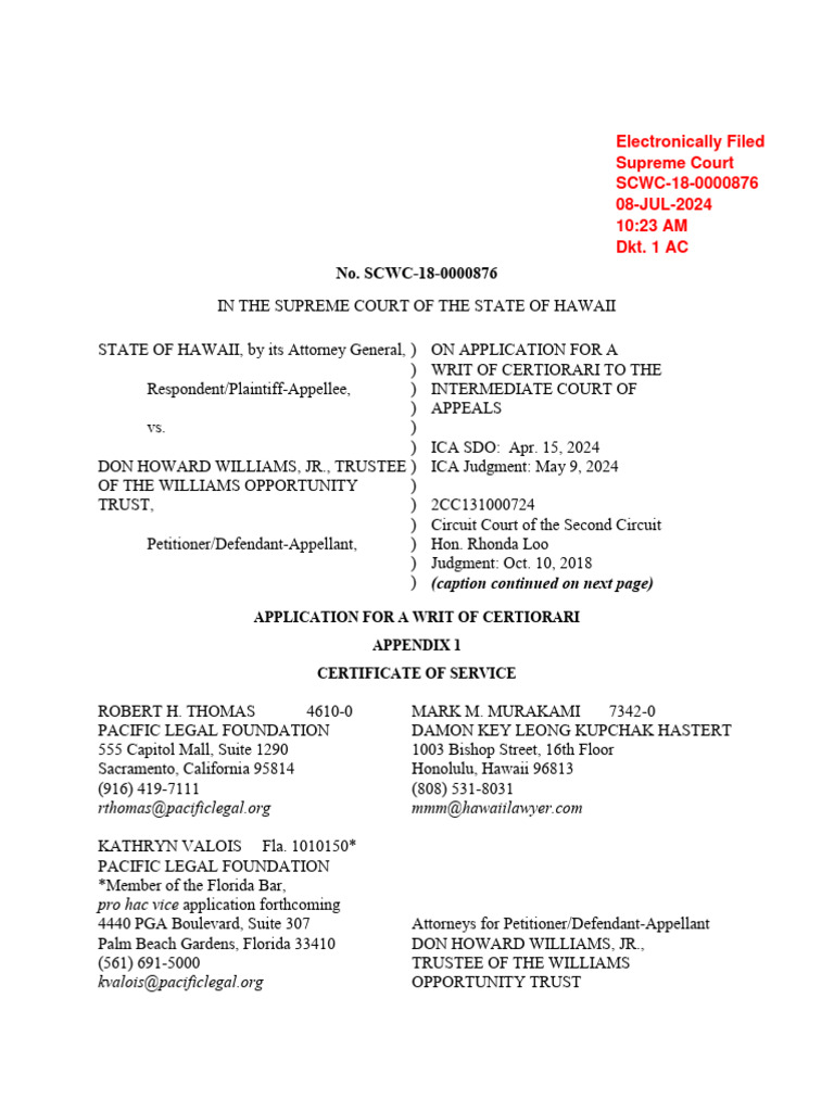 Application For A Writ of Certiorari, State of Hawaii by Its Att'y General v. Williams, No. SCWC ...