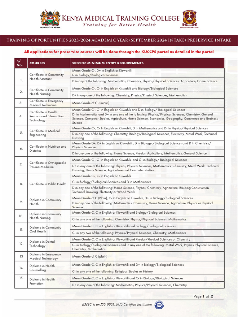 KMTC Pre Service Training Opportunities For 2023 2024 Academic Year September 2024 Intake | PDF ...
