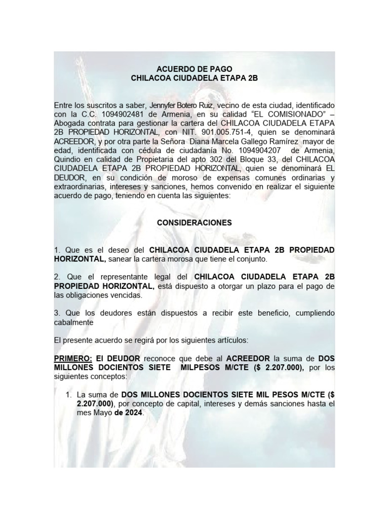 Acuerdo de Pago Chilacoa Ciudadela Etapa 2B Bloque 33 Apto 302 | PDF ...