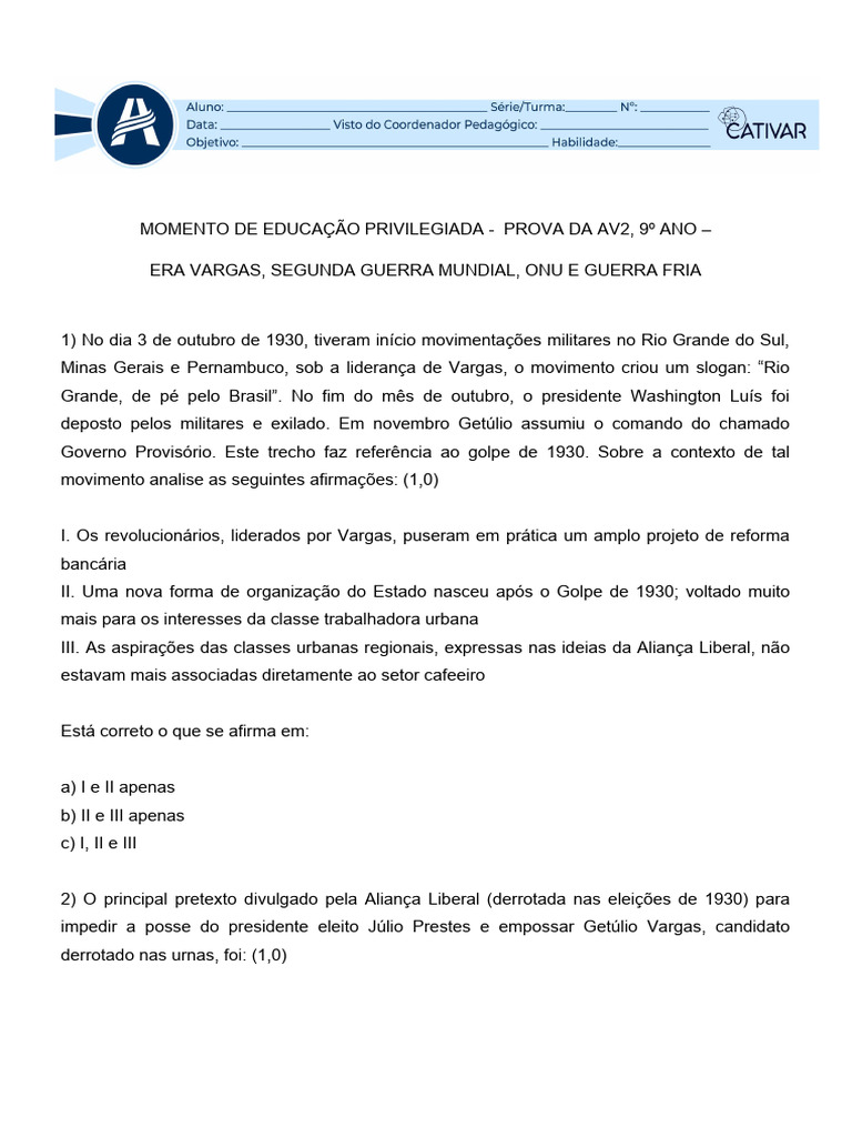 Av2 História 9 Ano (Prova Adaptada) | PDF