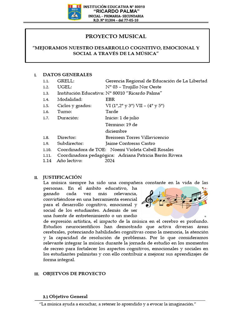 PROYECTO MUSICAL 2024 | PDF | Psicología cognitiva | Ciencias del ...