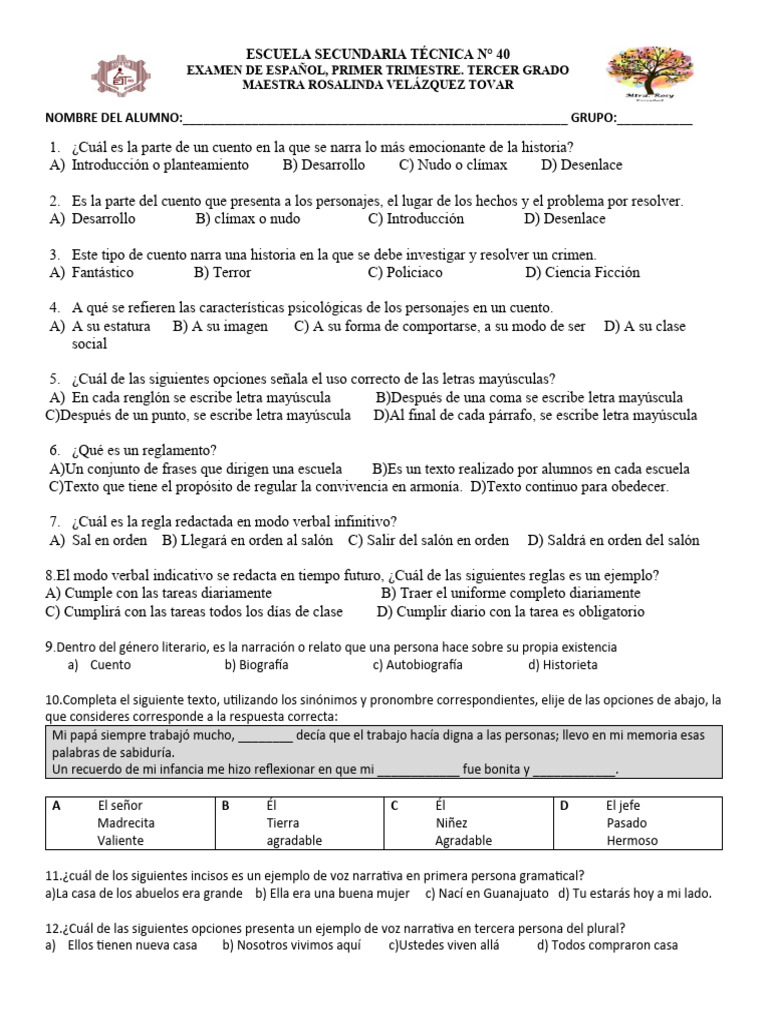 Examen de Español 3er Grado Primer Trimestre | PDF | Artes del Lenguaje ...
