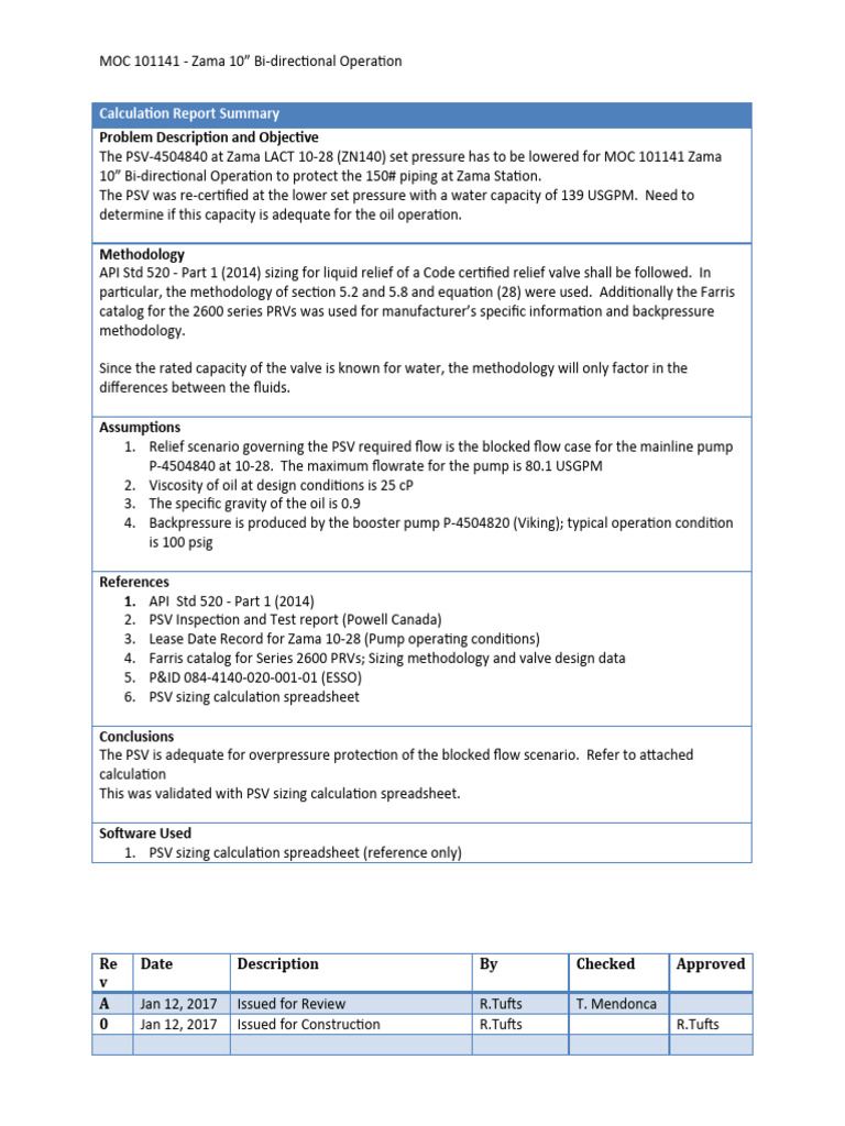 PSV Sizing Calculation Report Summary | PDF