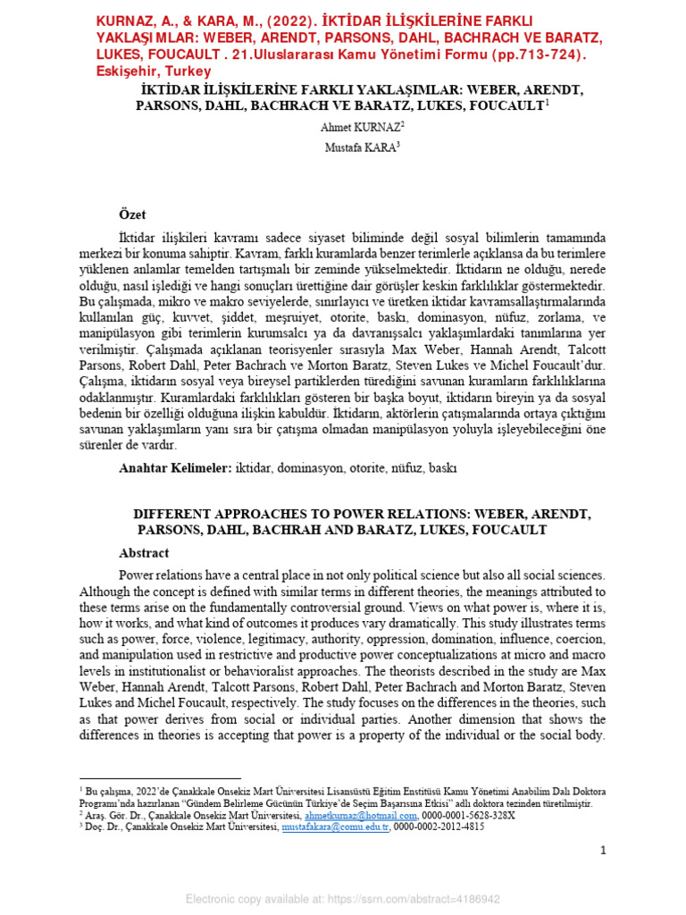 İkti̇dar İli̇şki̇leri̇ne Farkli Yaklaşimlar Weber, Arendt, Foucault | PDF