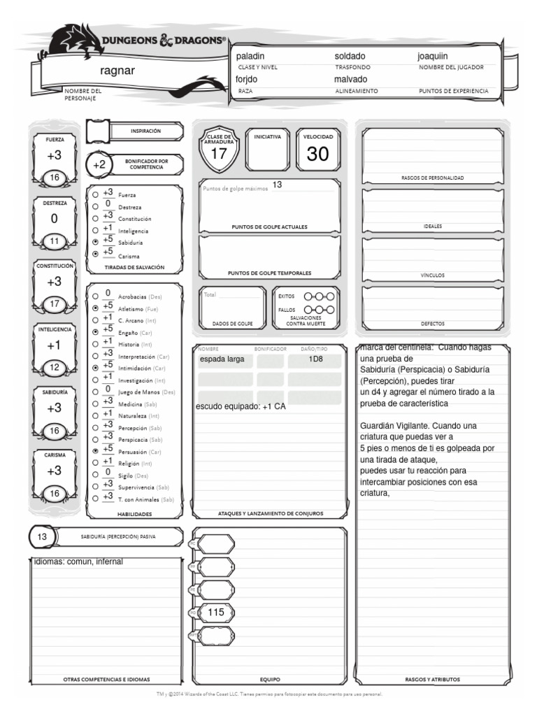 Ficha de Personaje: Paladín Ragnar | PDF