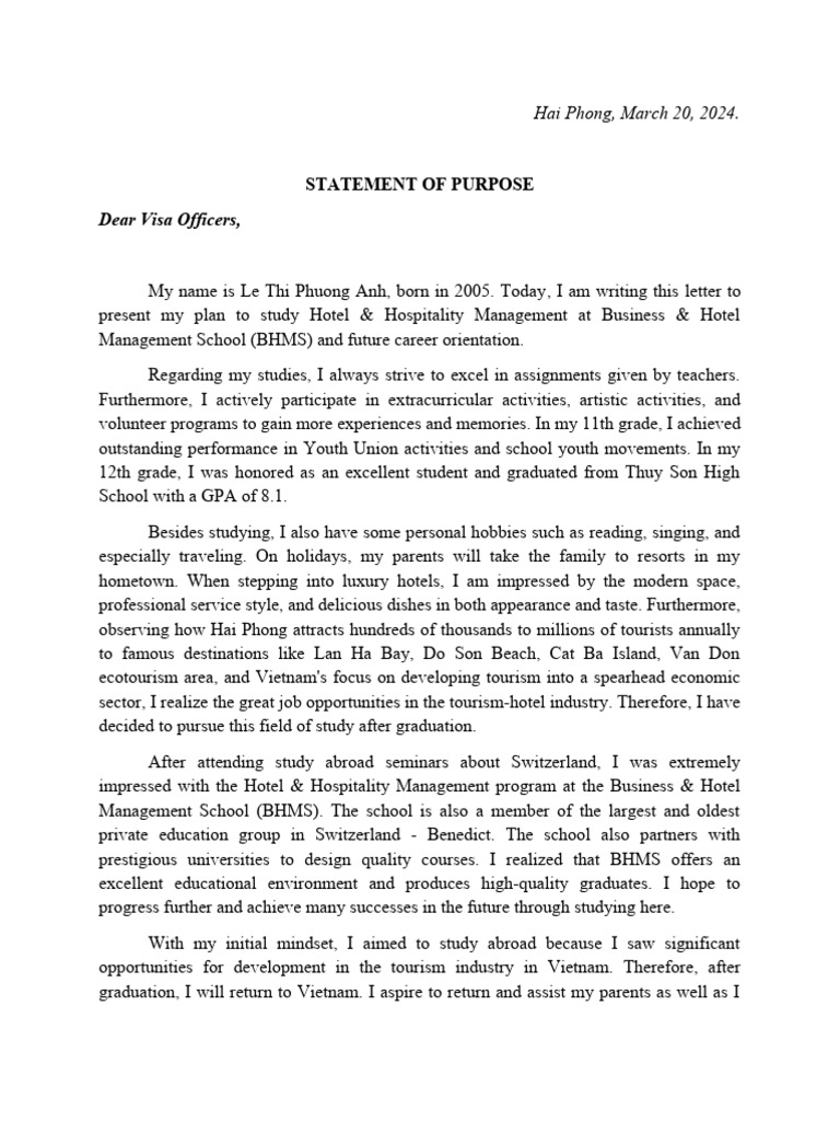 Statement of Purpose - LE, Thi Phuong Anh | PDF | Tourism | Hotel