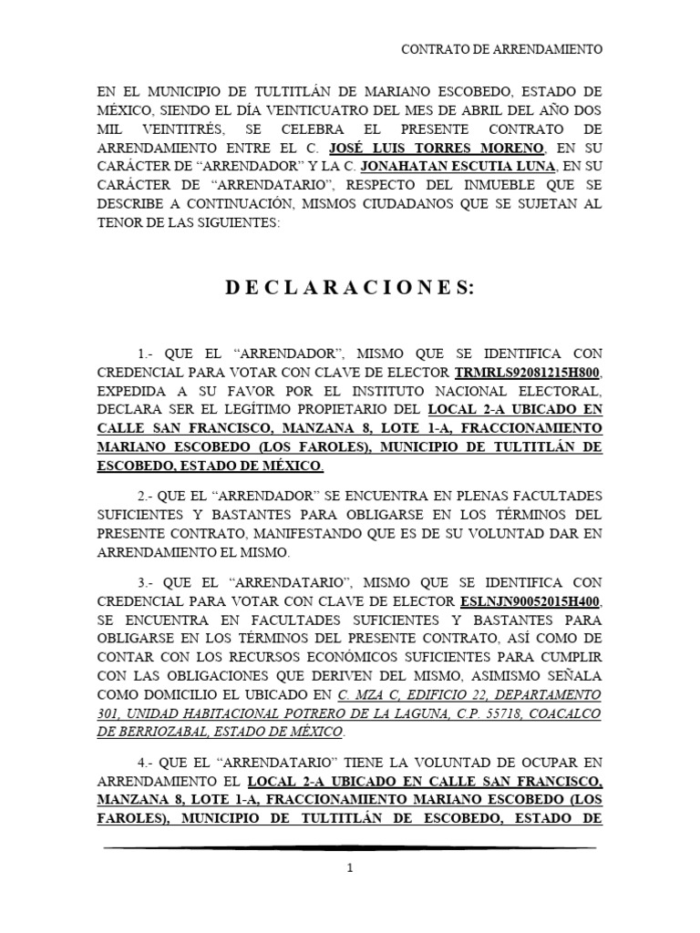 Ejemplo CONTRATO renta | Descargar gratis PDF | Pagos | Consentimiento