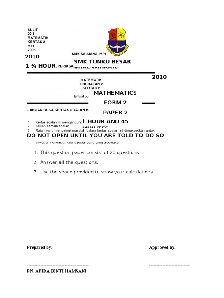 Mathematics Paper 2 - Form 2 Exam 2010 | PDF | Teaching Methods ...