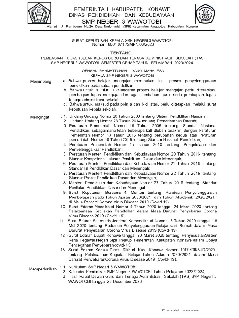 SK Pembagian Tugas Semester Genap Ta 2023-2024 | PDF