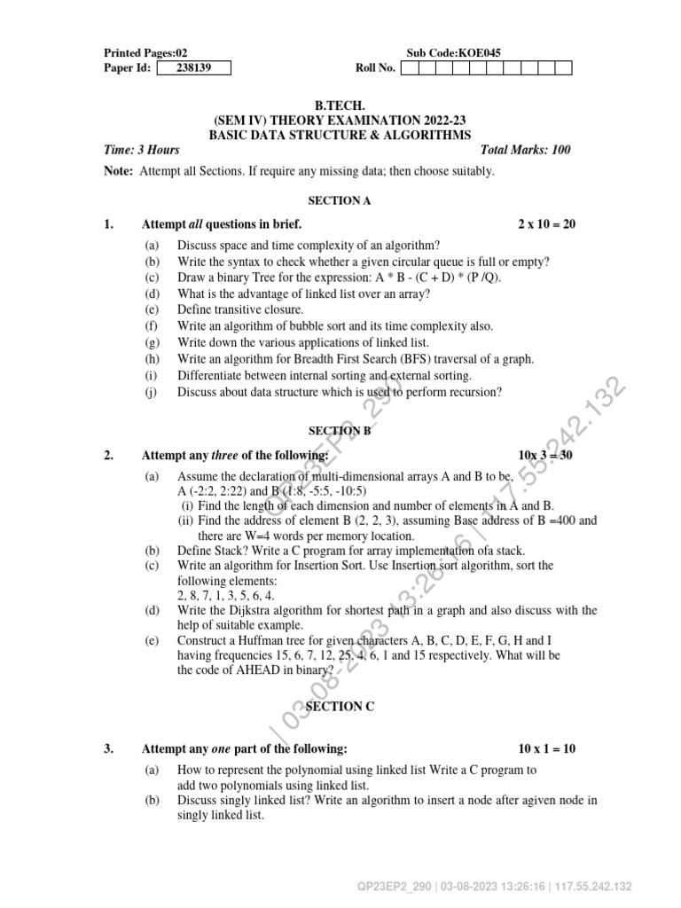 B.Tech Exam: Data Structures & Algorithms | PDF | Algorithms And Data Structures | Theoretical ...
