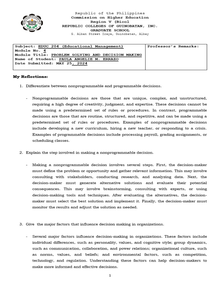 Educational Management Module 4 Output | PDF | Creativity | Decision Making