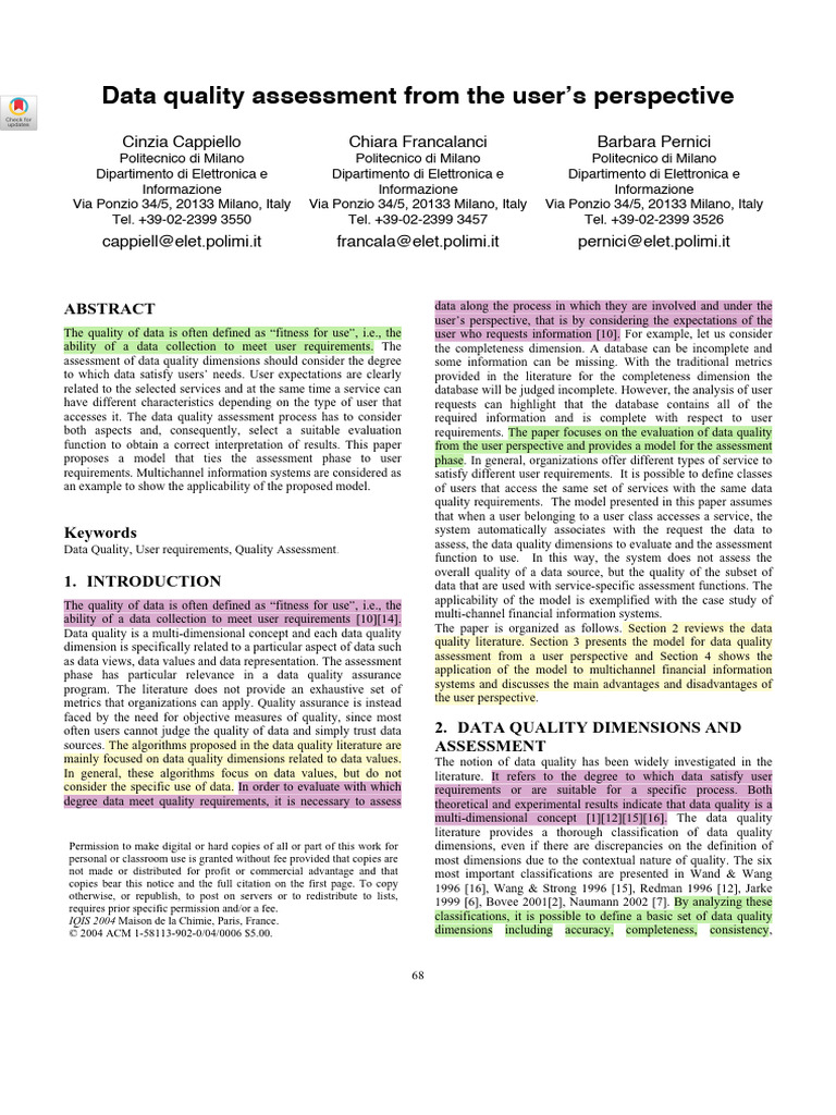 Data Quality Assessment From Then User's Perspective | PDF | Data Quality | Data