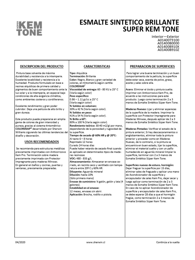 Ficha Tecnica Esmalte Sintético Sherwin Williams | Descargar gratis PDF ...