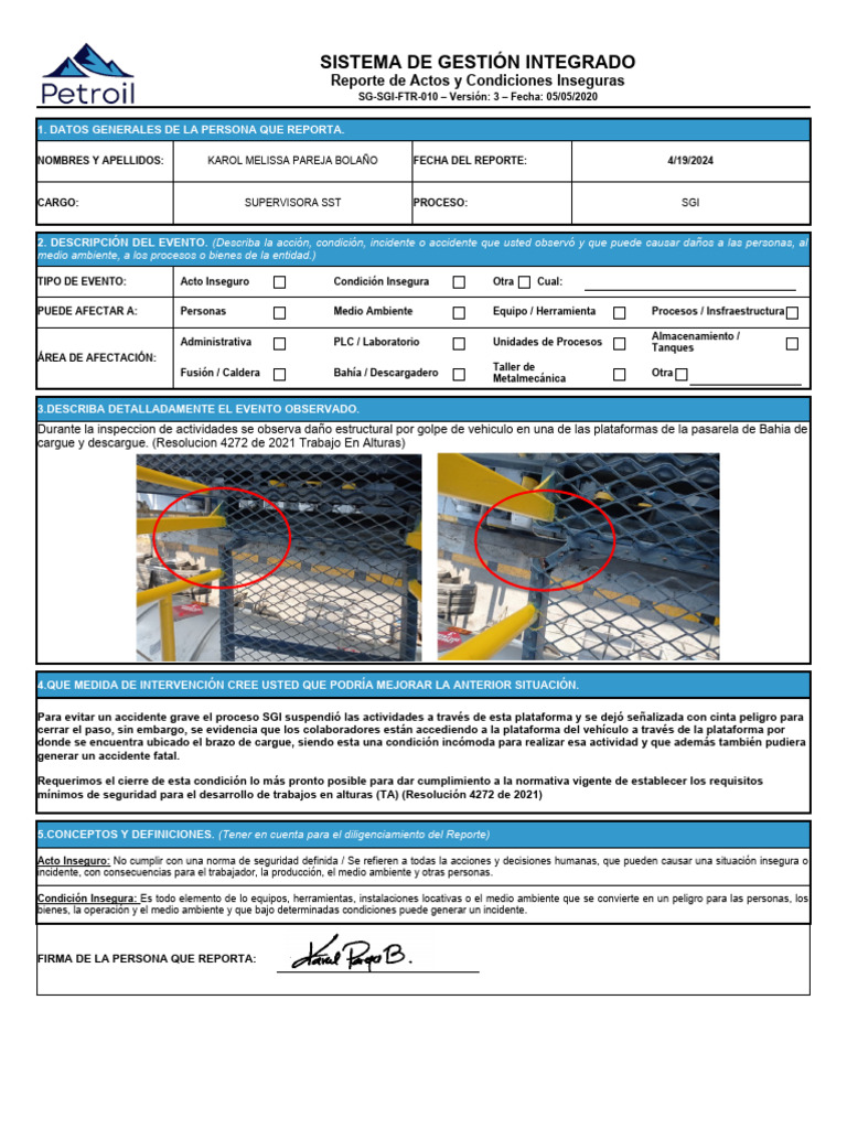 SG-SGI-FTR-010 Reporte de Actos y Condiciones Inseguras - V3 | PDF | Tecnología