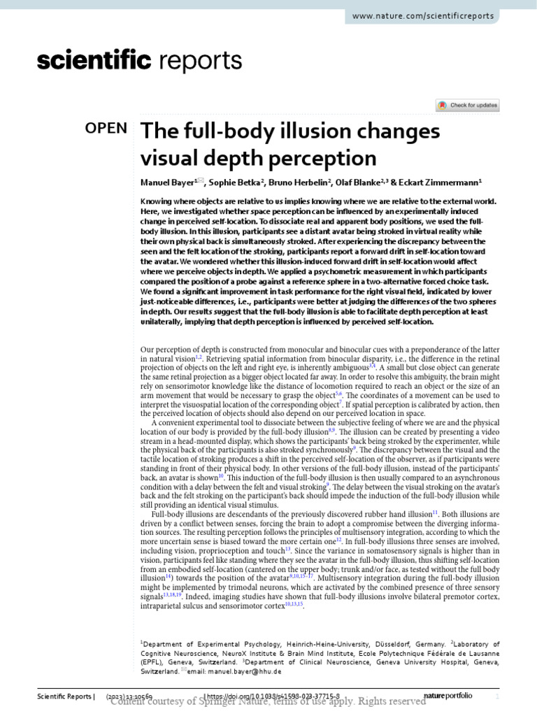 Bayer 2023. The Full-Body Illusion Changes Visual Depth Perception | PDF | Illusion | Perception