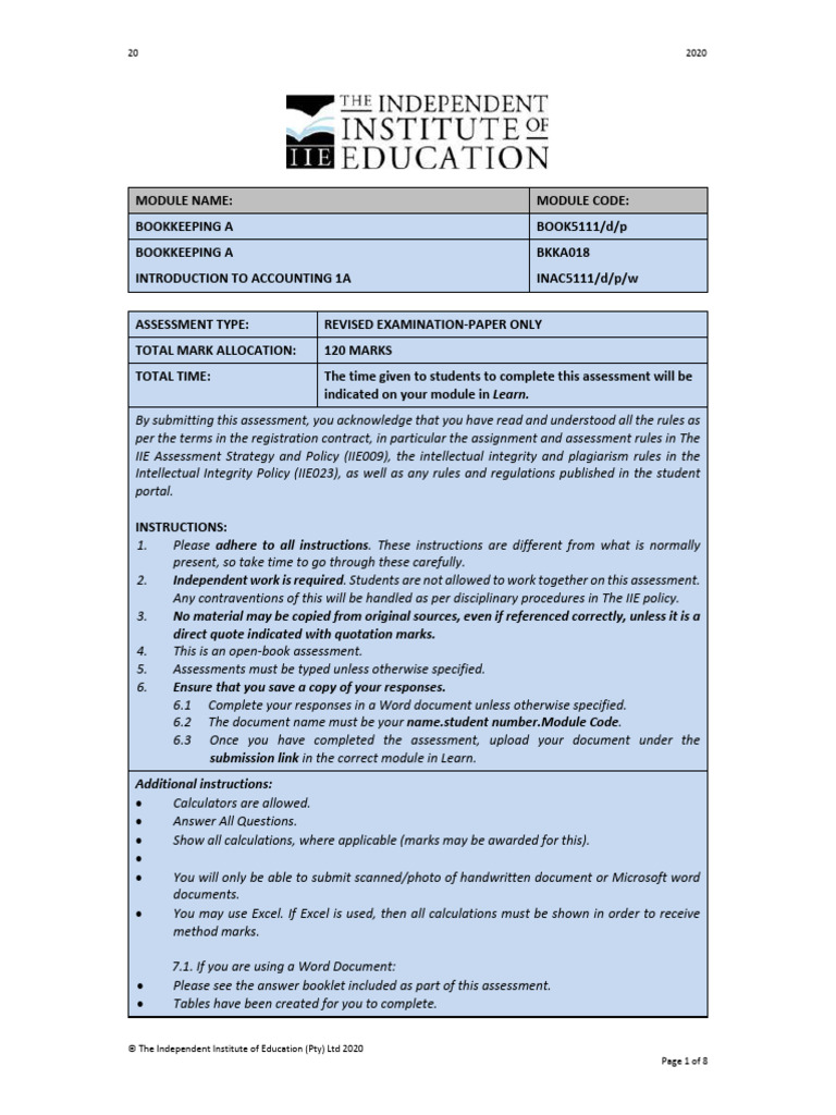 INAC5111 Bookkeeping Exam Instructions | PDF | Value Added Tax | Credit