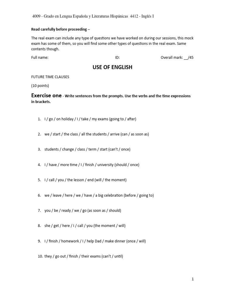 1st Mock Exam Grammar and Use of English | PDF | Sentence (Linguistics ...