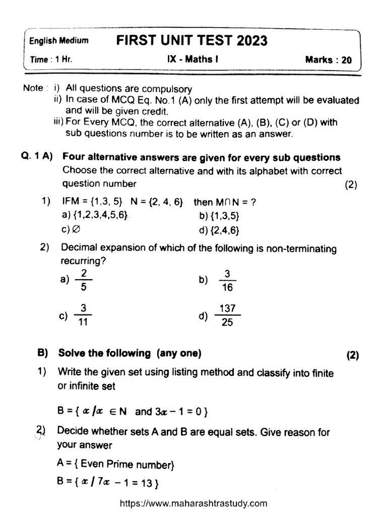 Mh Board Class 9 Ut1 Mathematics 1 030224 2023 (1) | PDF